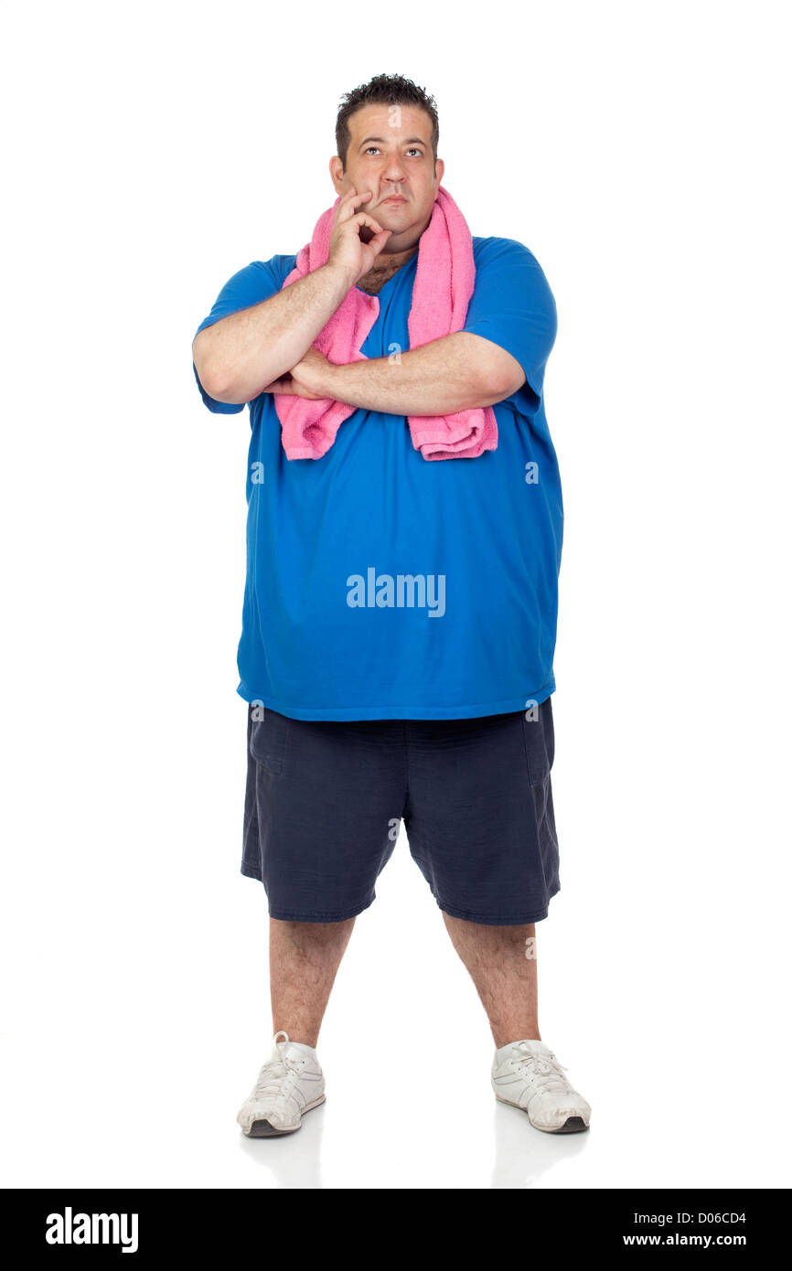 Pensive fat man playing sport isolated on a white background Stock ...