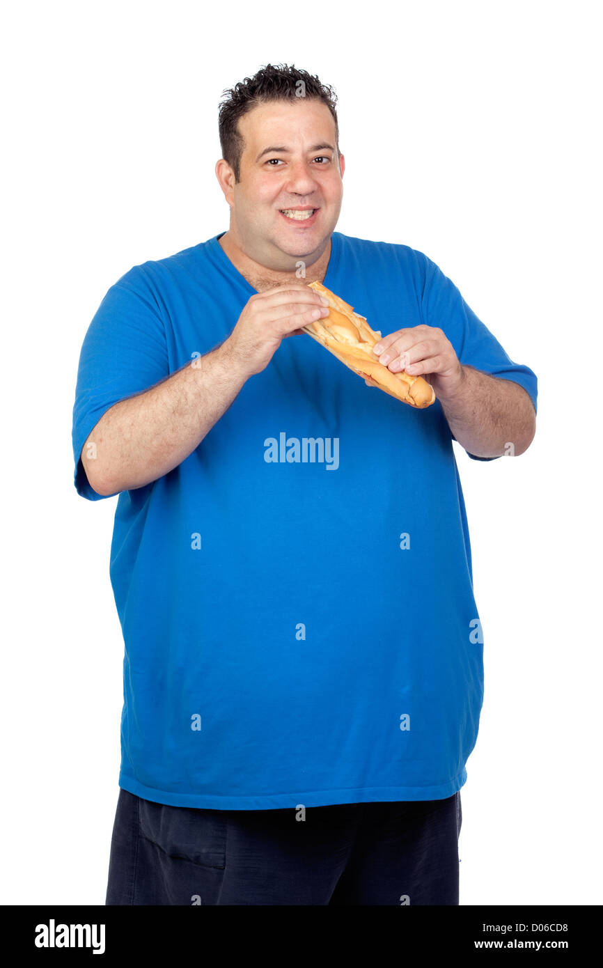 Happy fat man with a large bread isolated on white background Stock ...