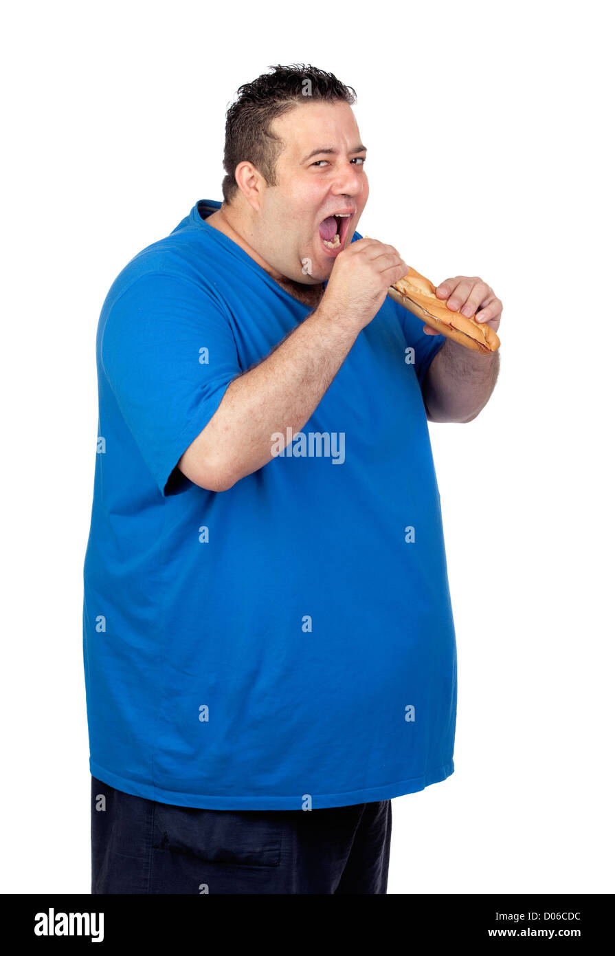 Happy fat man eating a large bread isolated on white background Stock ...