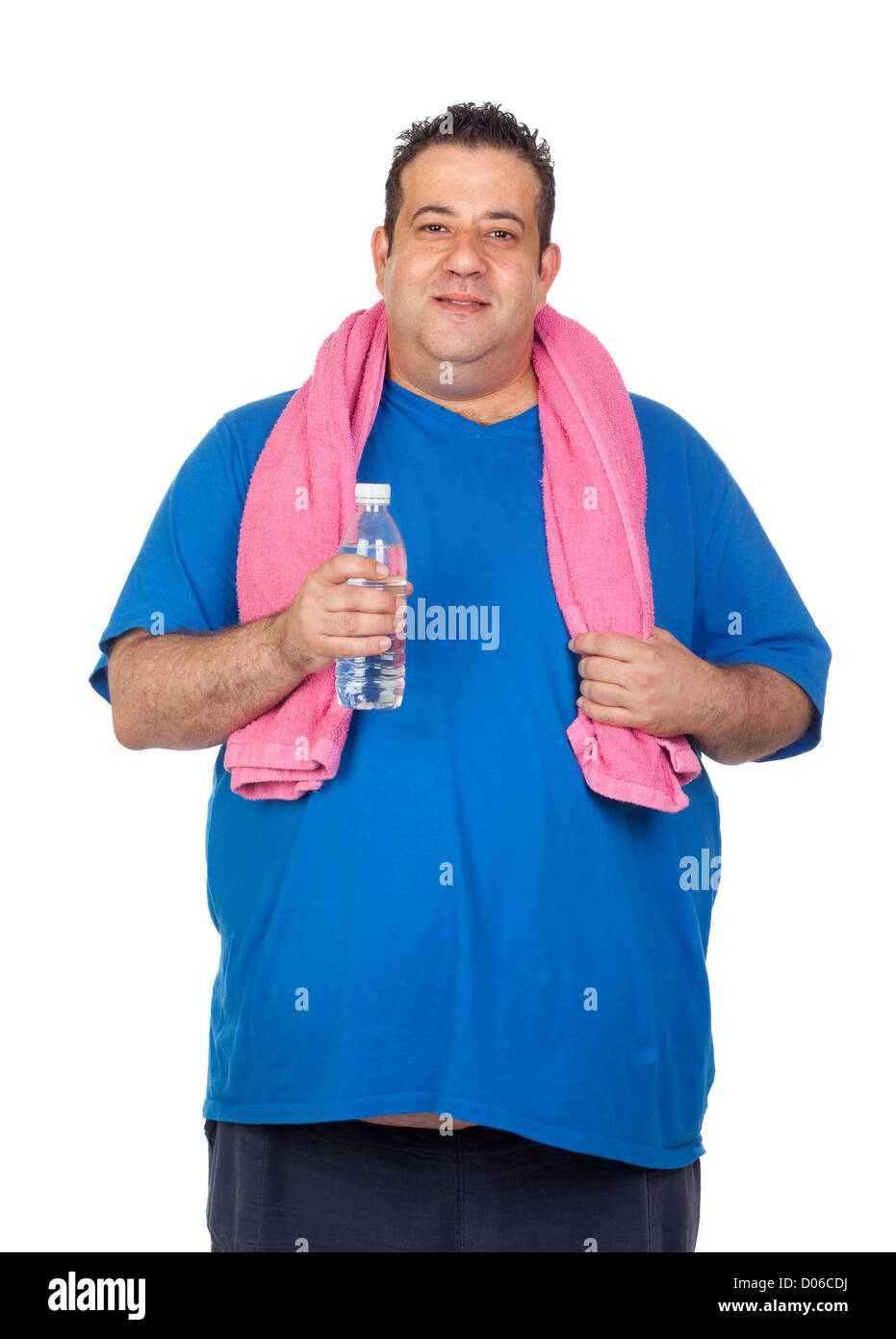 Fat man playing sport with a water bottle isolated on a white ...