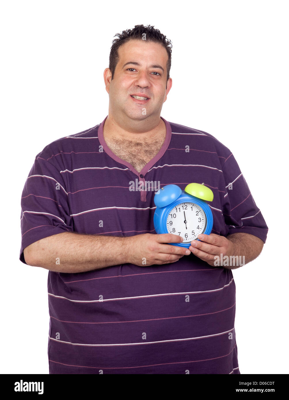 Fat man with a blue alarm clock isolated on white background Stock ...