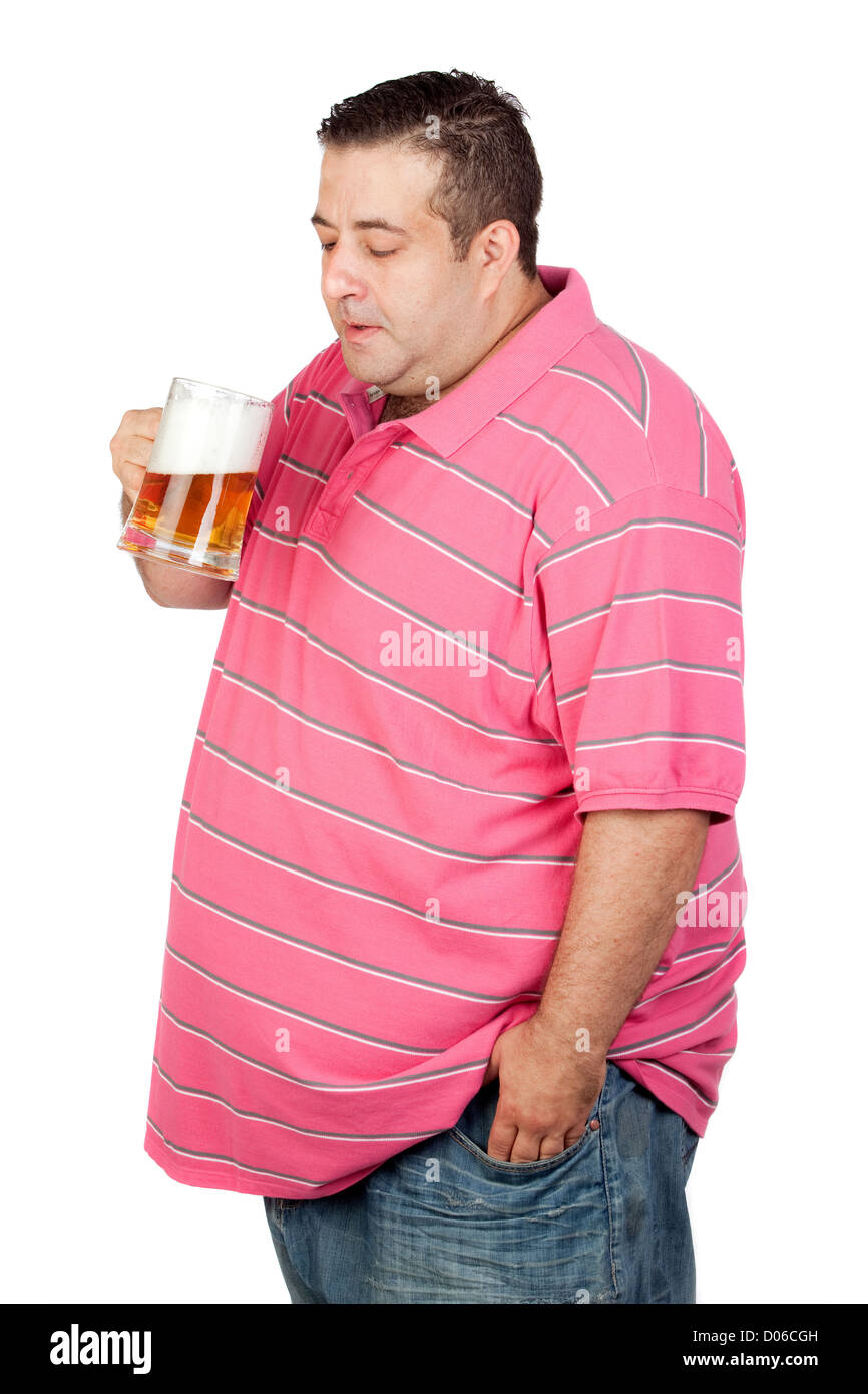 Fat man drinking a jar of beer isolated on white background Stock Photo ...