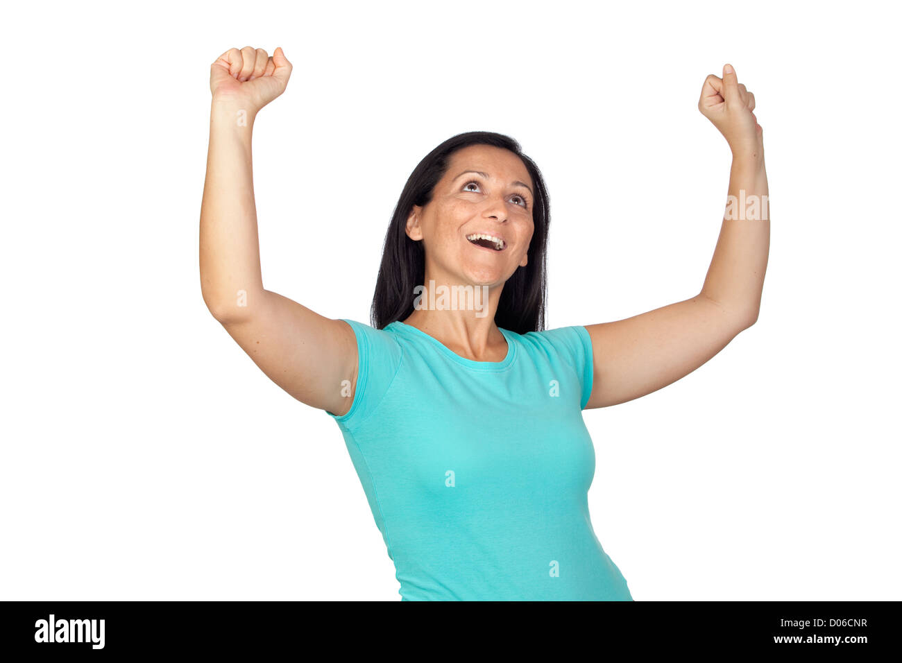 Winner woman isolated on a over white background Stock Photo - Alamy