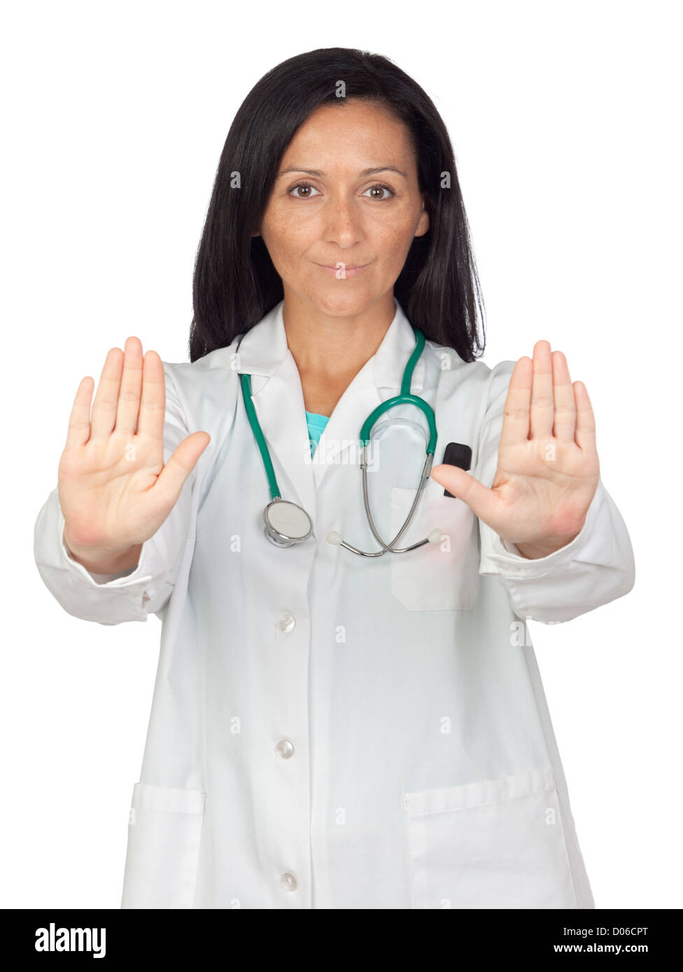 Adorable doctor saying Stop isolated on white background Stock Photo ...
