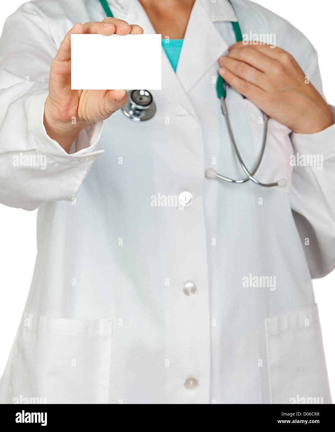Anonymous doctor with blank card isolated on white background Stock ...