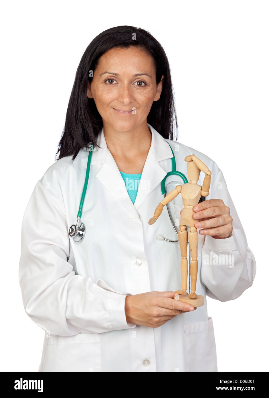 Adorable doctor with a wooden dummy isolated on white background Stock ...