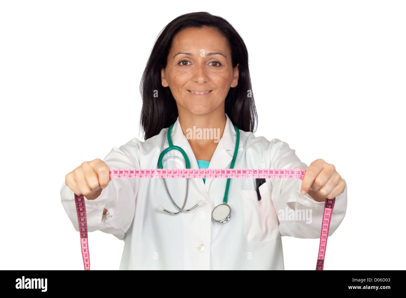 Adorable doctor offering a tape measure isolated on white background ...