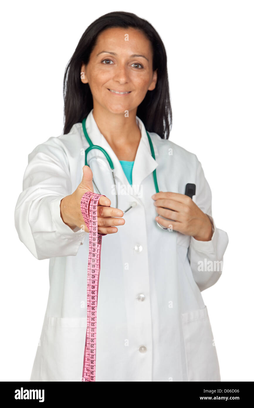 Adorable doctor offering a tape measure isolated on white background ...