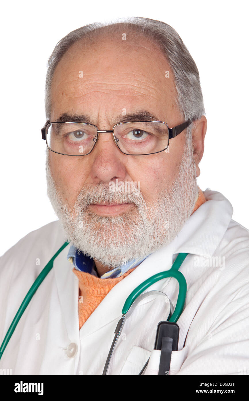 Senior doctor with hoary hair isolated on white background Stock Photo ...