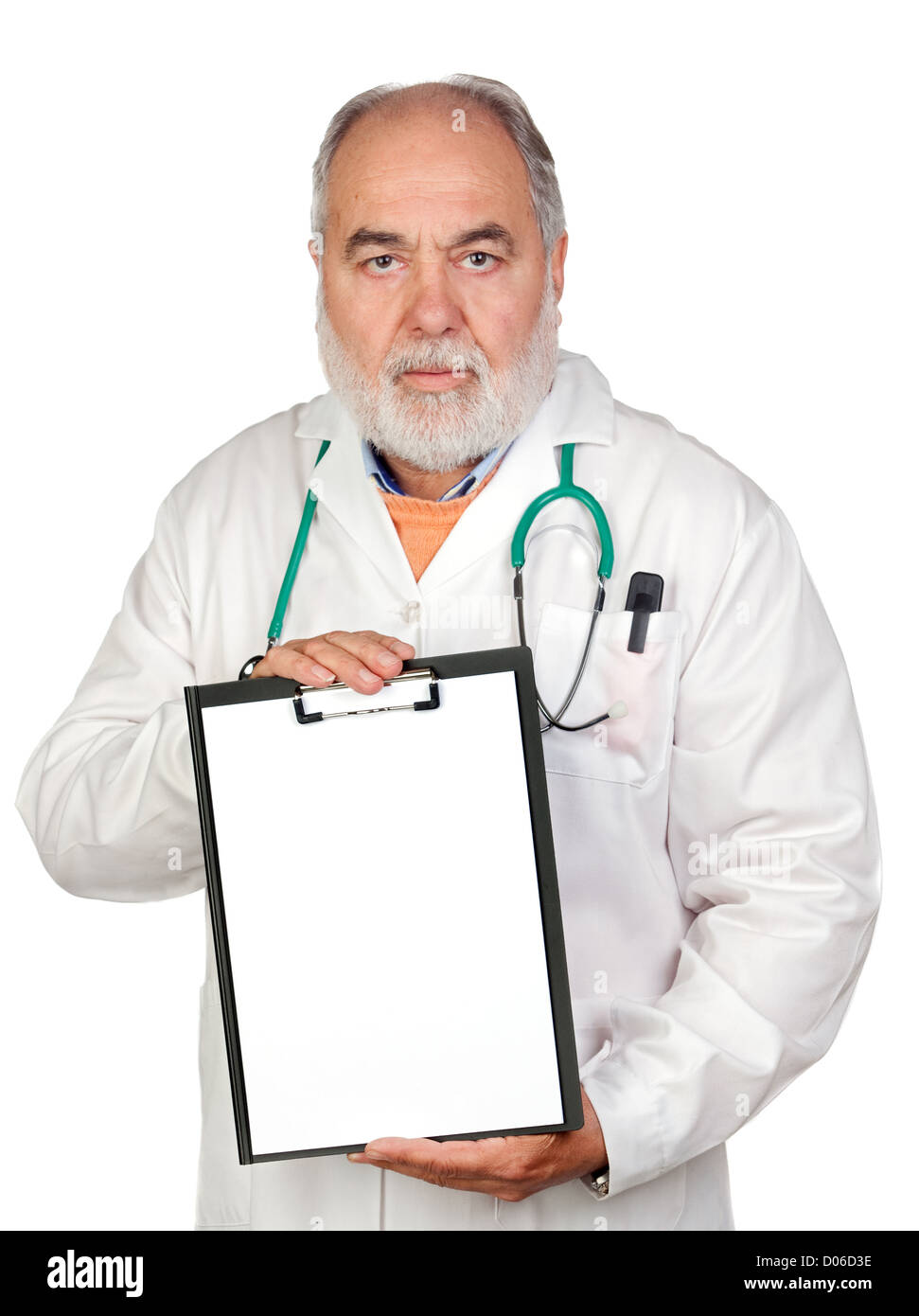 Senior doctor with clipboard and blank paper isolated on white ...