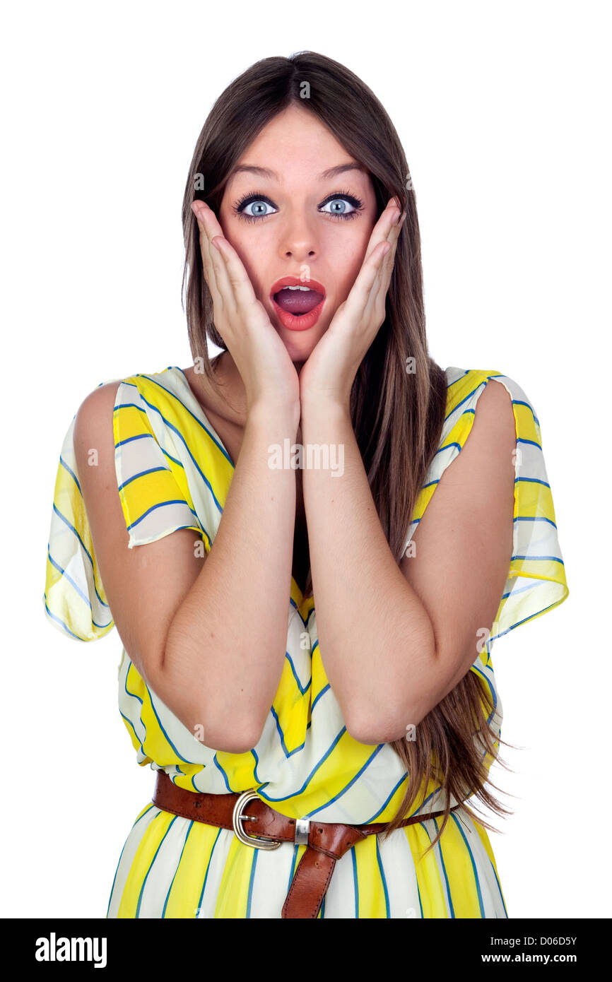 Surprised woman with blue eyes isolated on white background Stock Photo ...