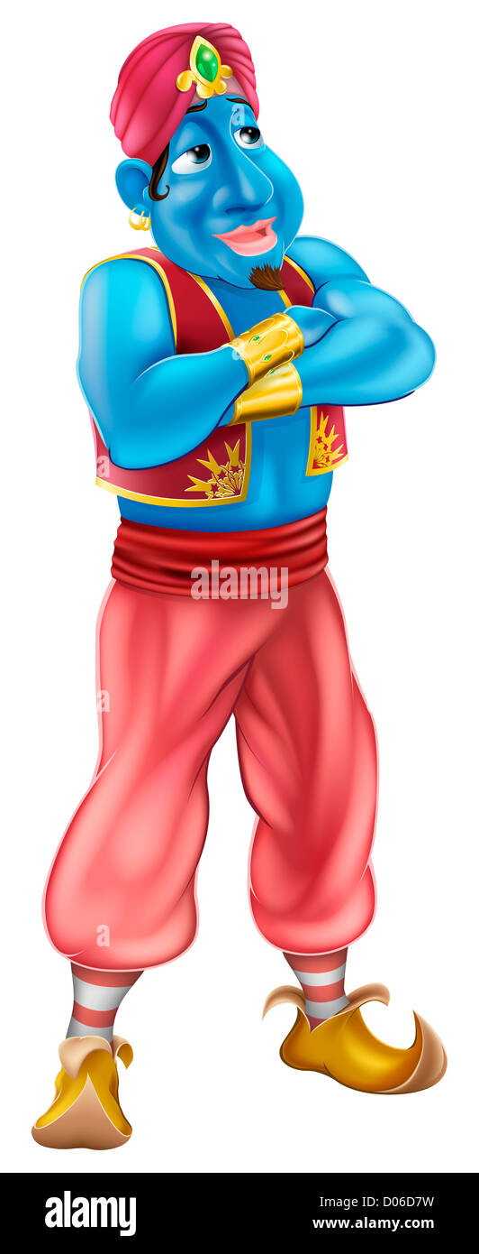 Illustration of a friendly looking blue cartoon genie standing with his ...