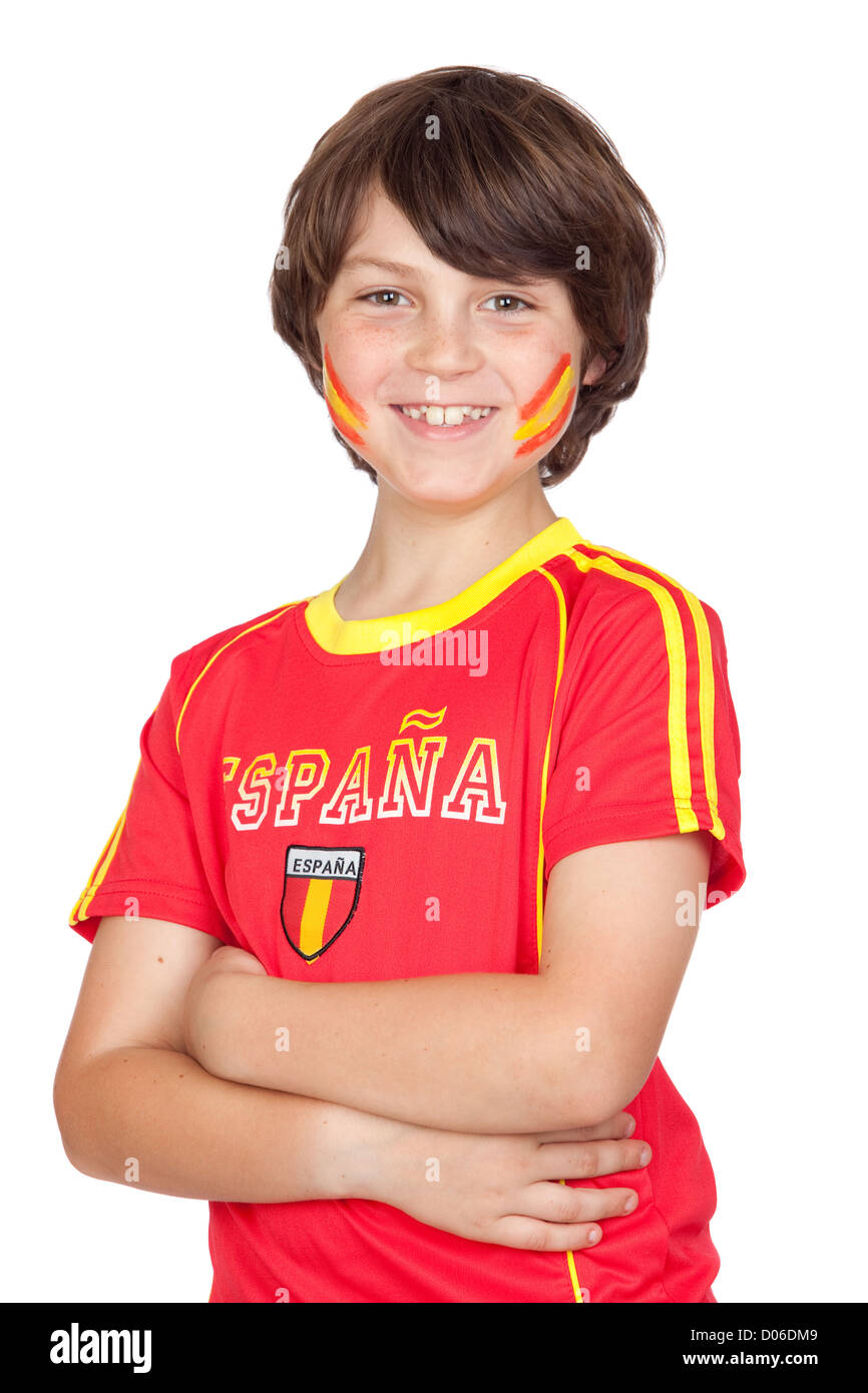 Smiling child fan of the Spanish team isolated on white background ...