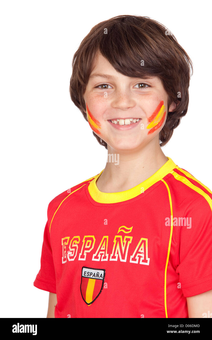 Smiling child fan of the Spanish team isolated on white background ...