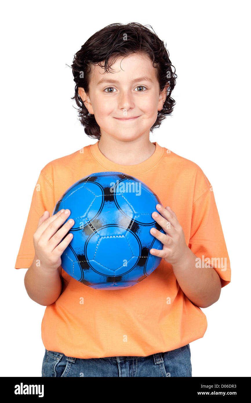 Adorable child with a blue soccer ball isolated on white background ...