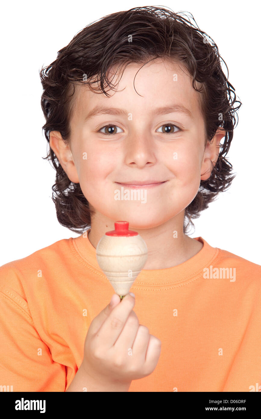 Nice child with wooden top to play isolated on white background Stock ...