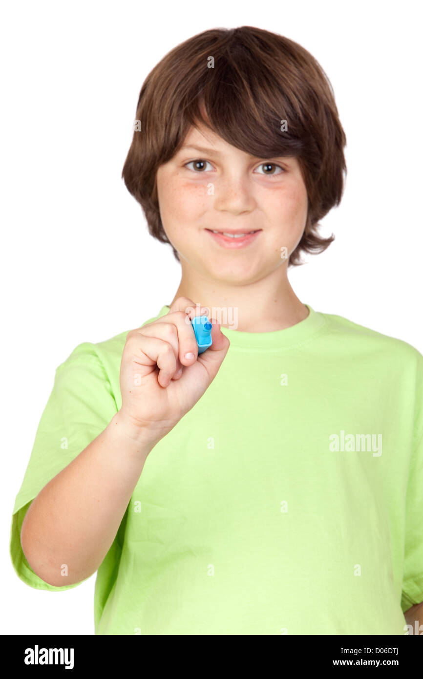 Child with blue pen writing on a white background Stock Photo - Alamy