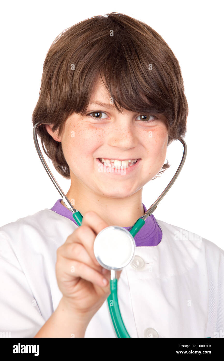 Adorable boy with clothes of doctor isolated on white Stock Photo - Alamy
