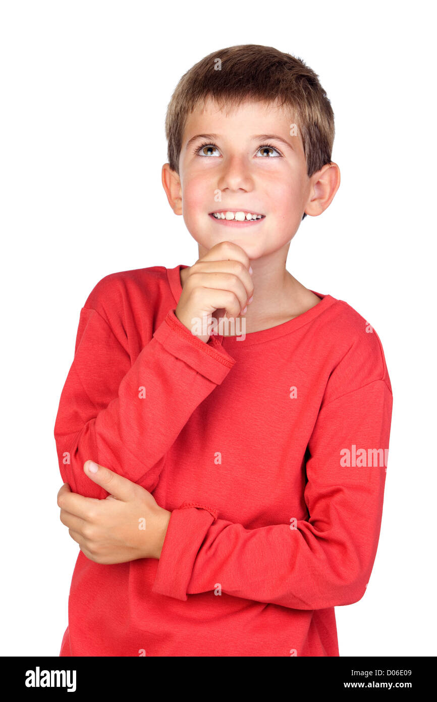 Pensive child with blond hair isolated on white background Stock Photo ...