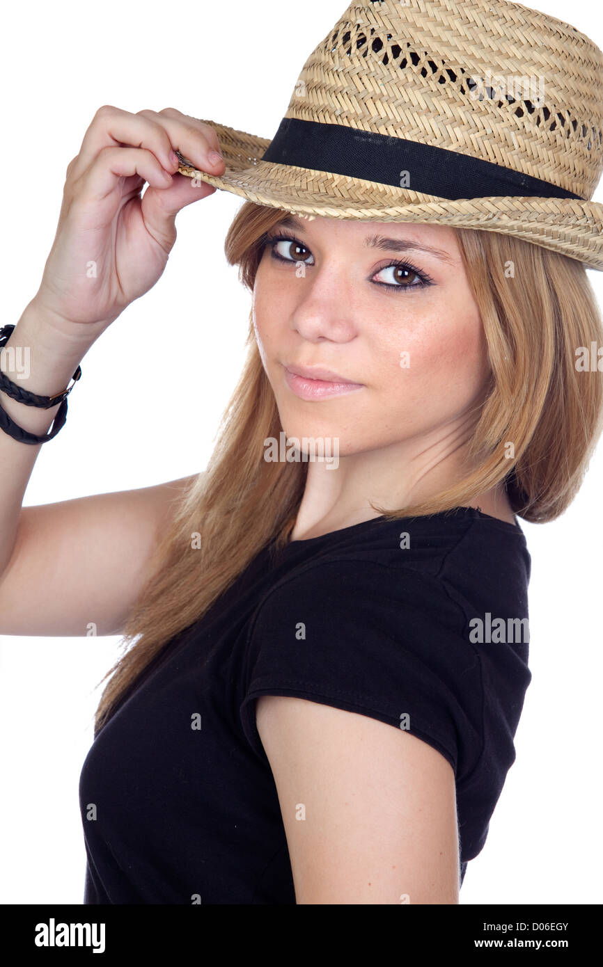 Teen rebellious girl with a straw cap isolated on a over white ...
