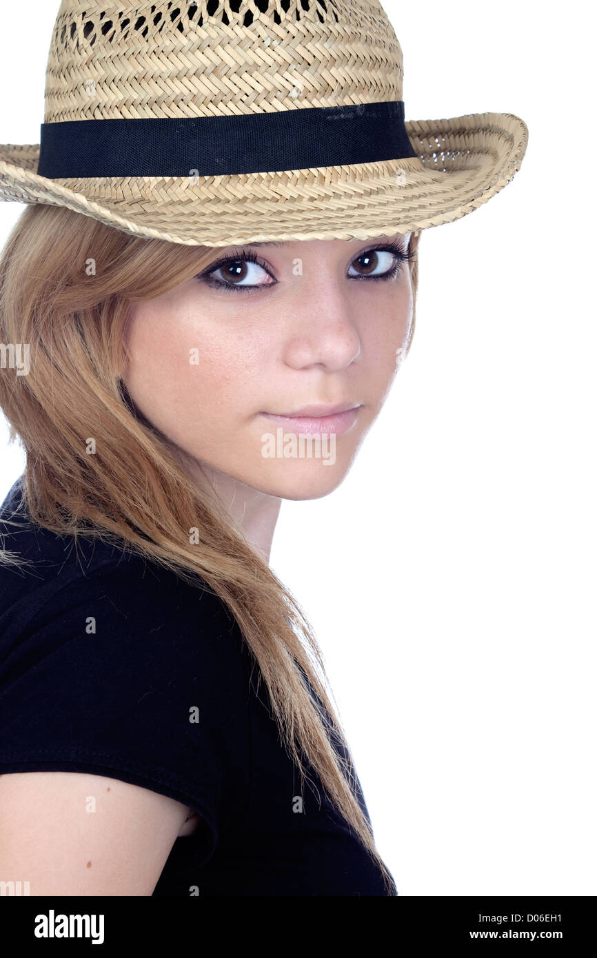 Teen rebellious girl with a straw cap isolated on a over white ...