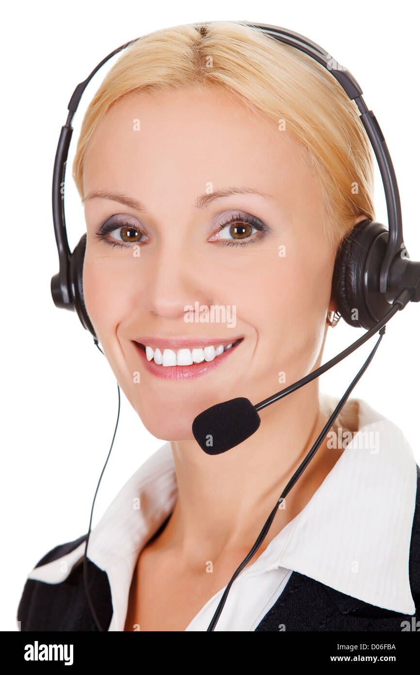 Cheerful call center operator against white background Stock Photo - Alamy