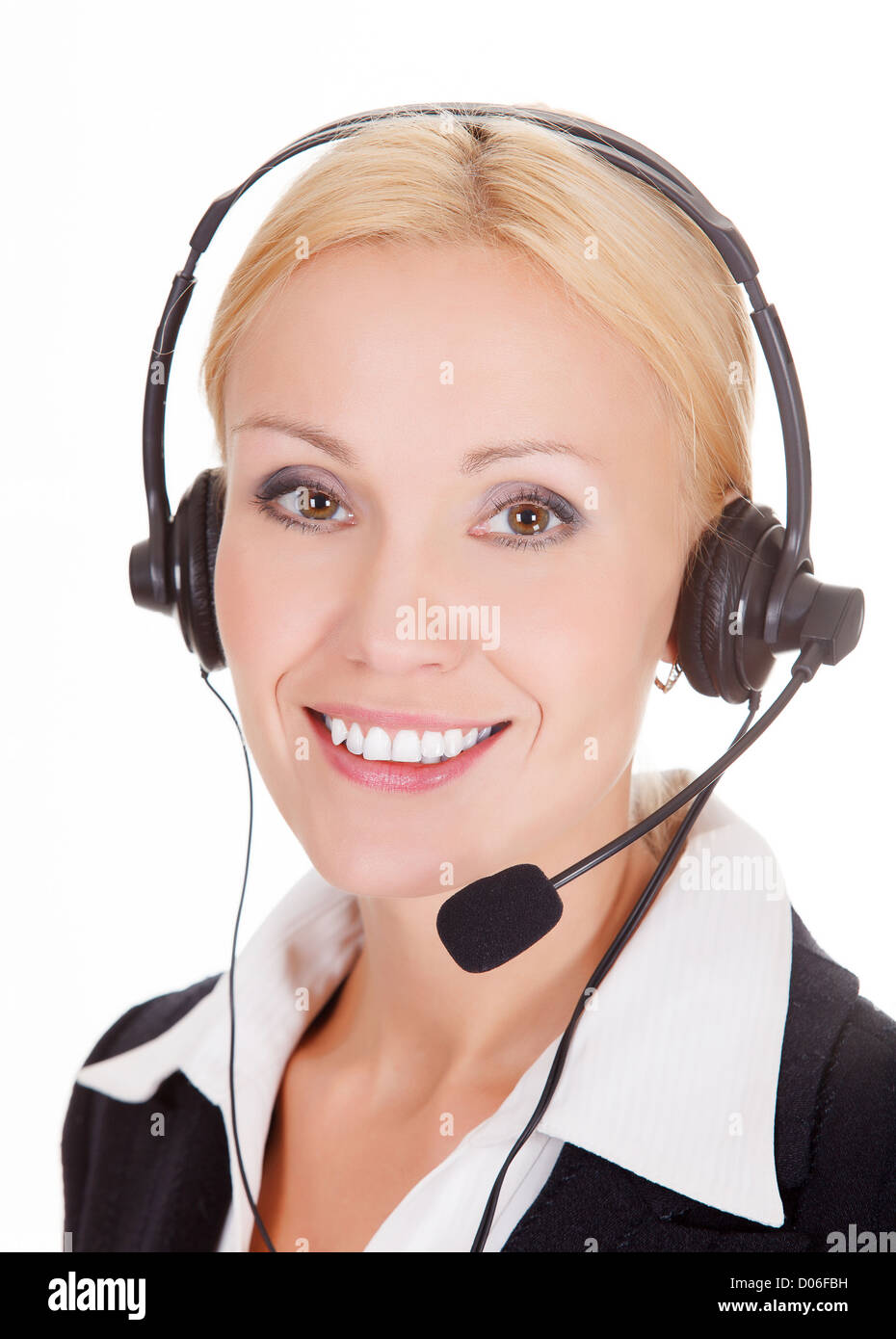 Cheerfull call center operator against white background Stock Photo - Alamy