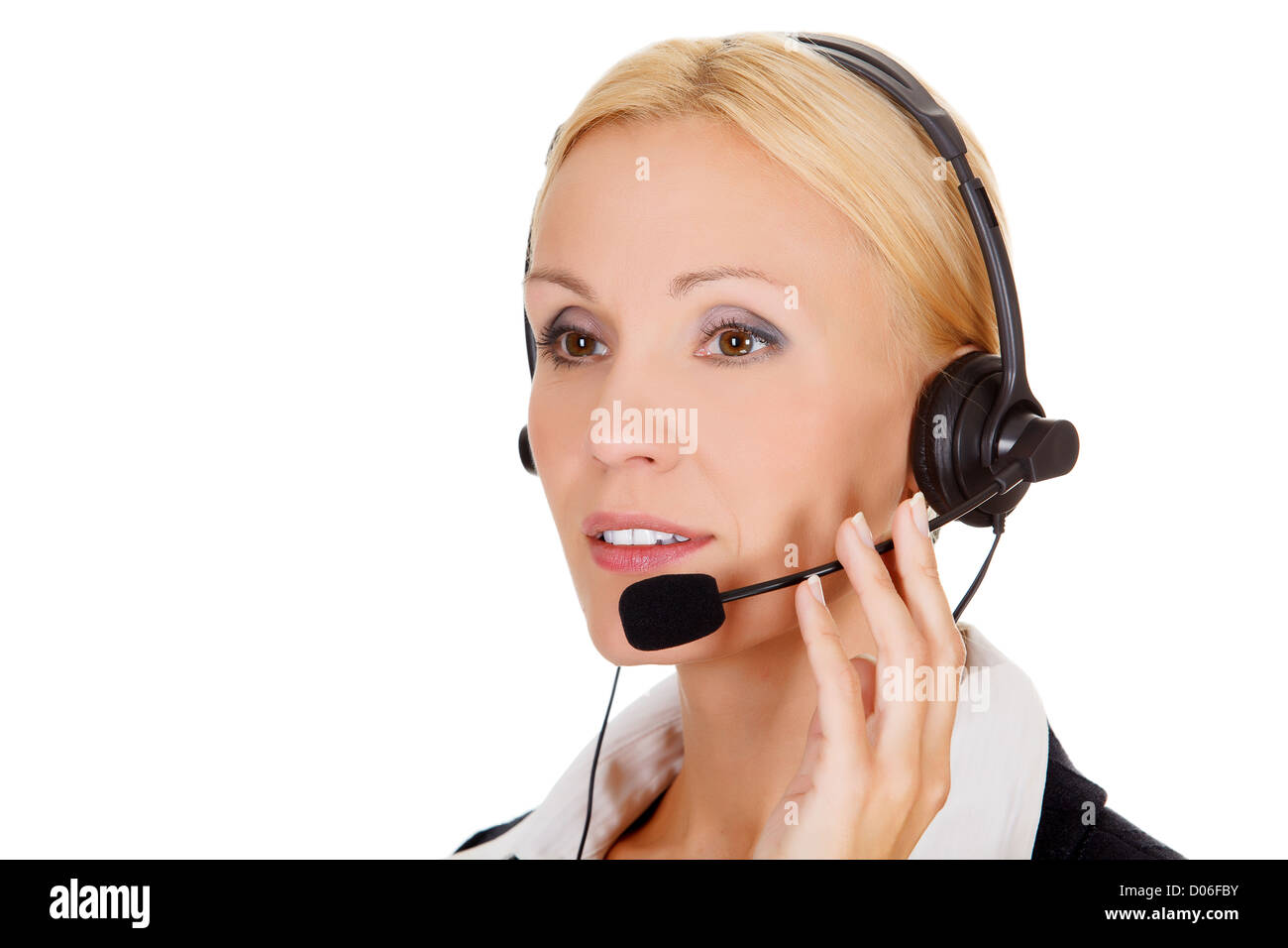 call center operator against white background Stock Photo - Alamy