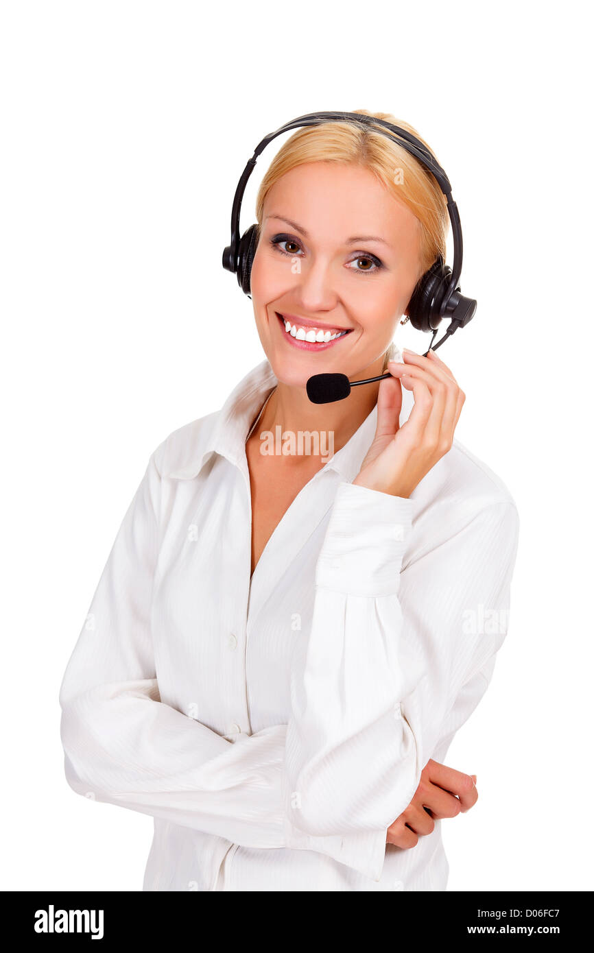 Happy woman with headset and smiling, isolated over a white backgorund ...