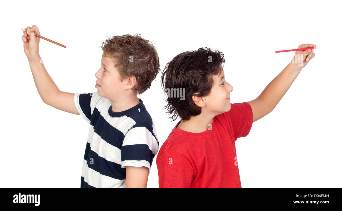 Two student children writing something isolated on white background ...