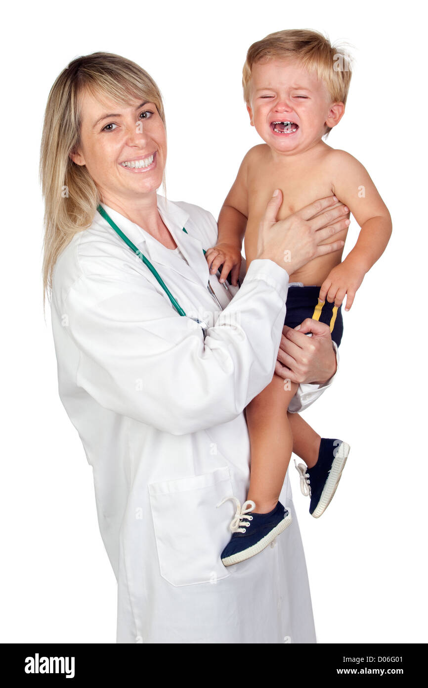 Pediatrician woman with a scared baby isolated on white background ...
