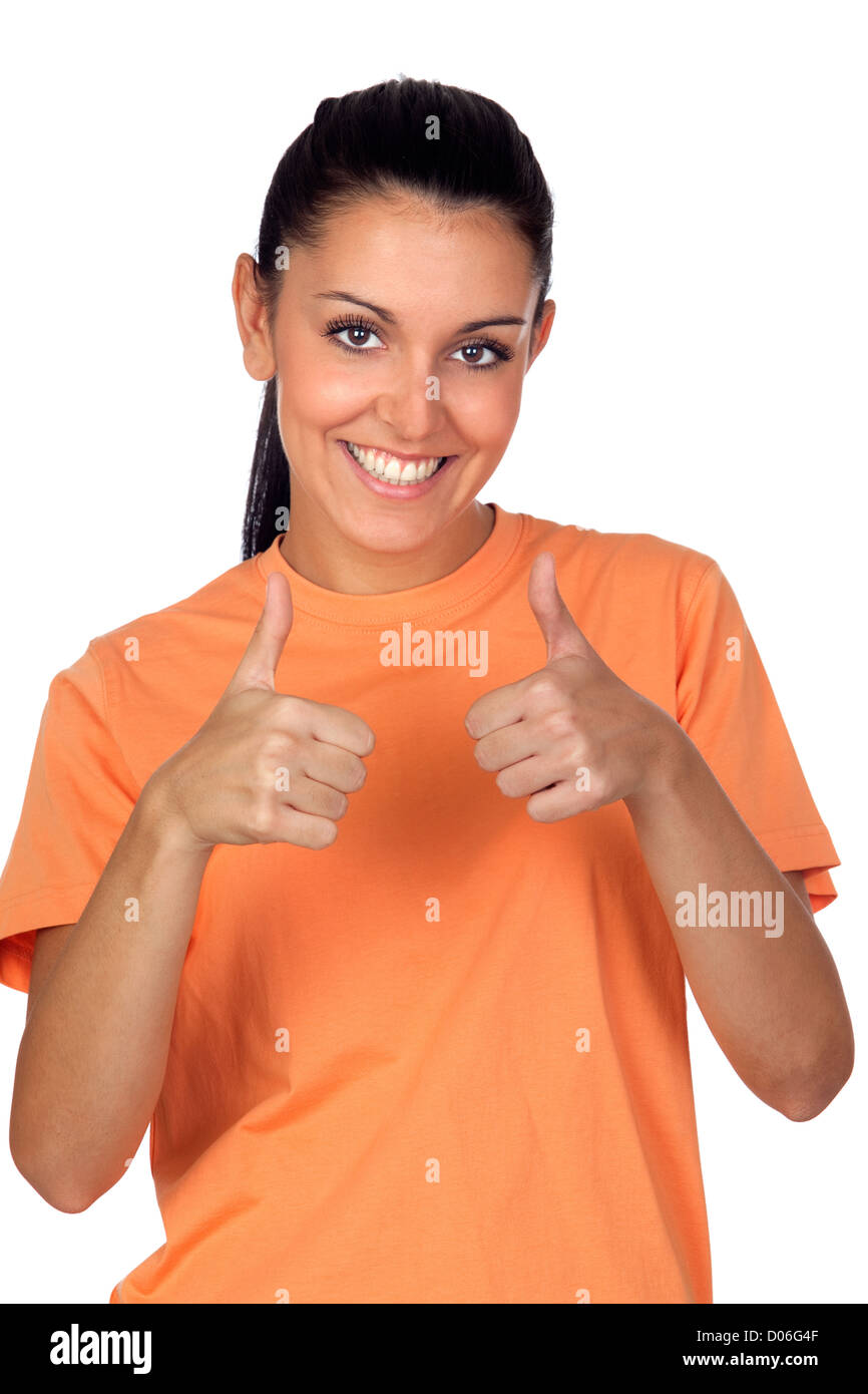 Attractive brunette woman saying Ok isolated on white background Stock ...