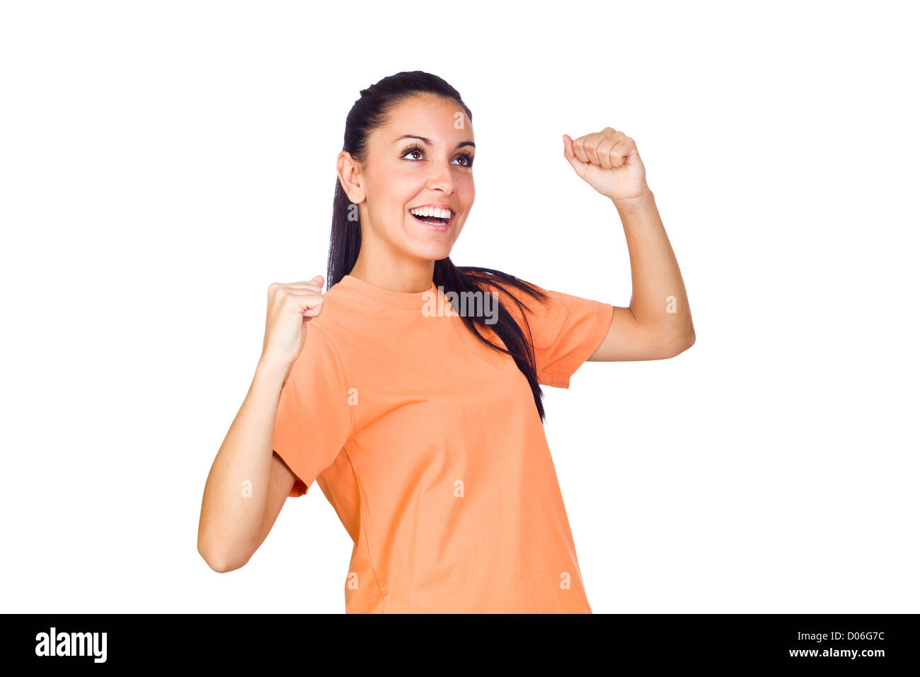 Excited Young Girl Smiling with Hands Raised Isolated on White Stock ...