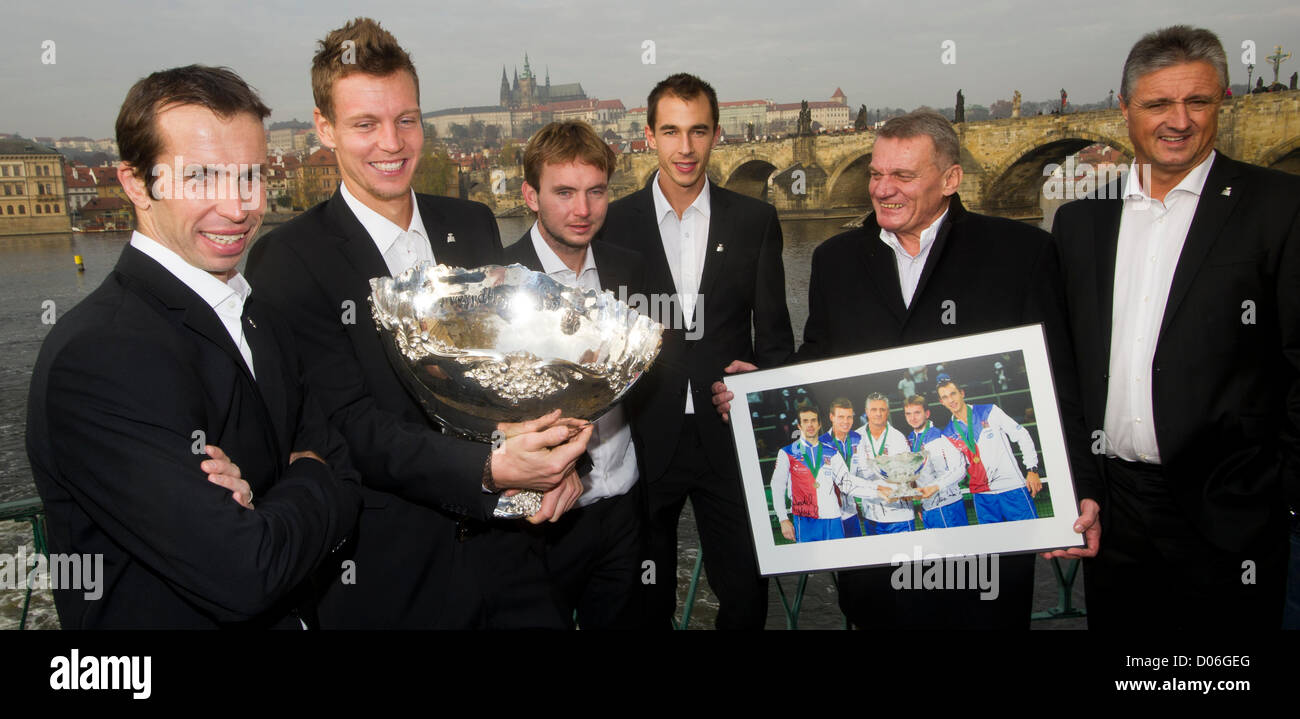With Prague Castle panorama in the background, tennis players, left to ...