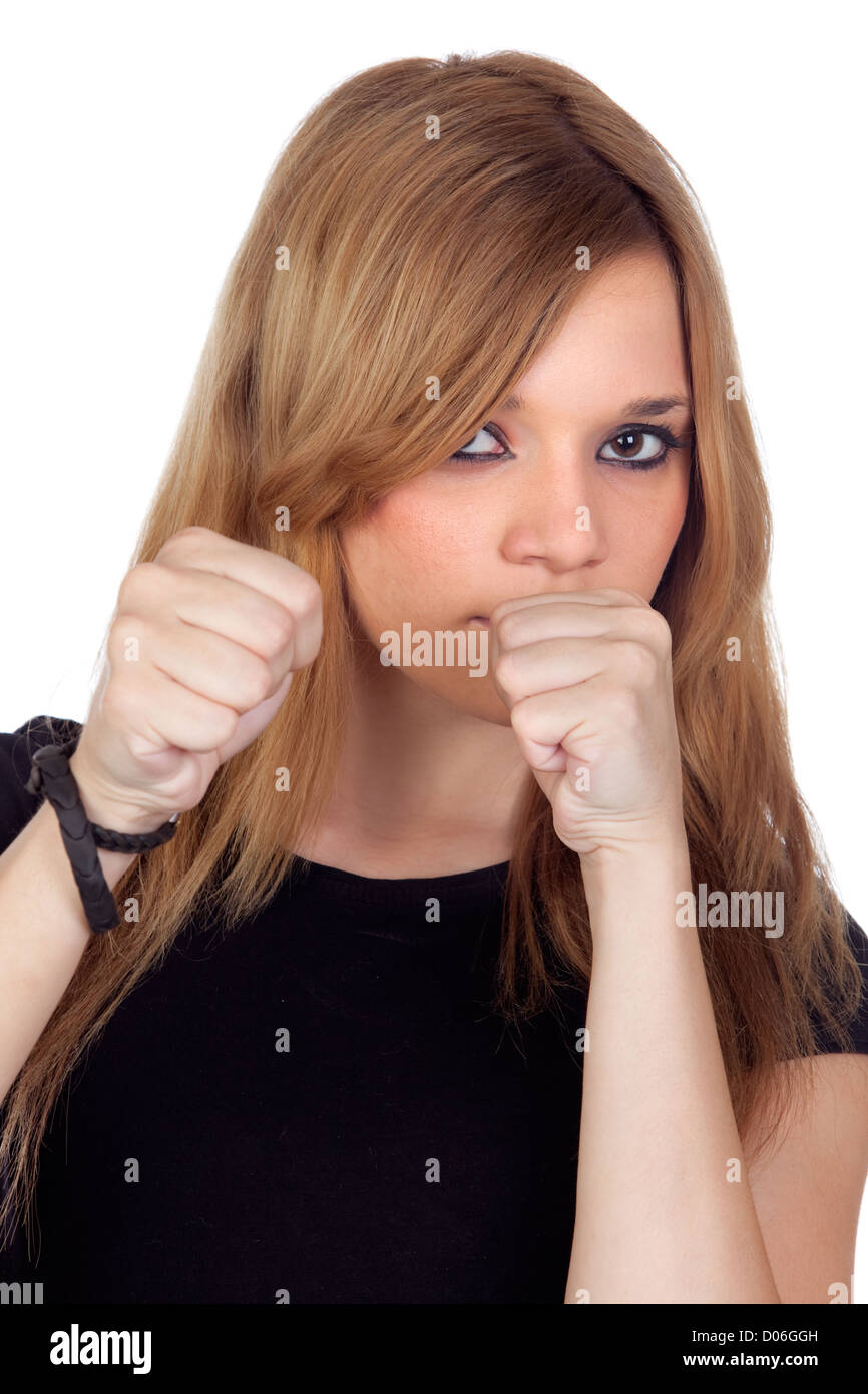 Attractive aggressive woman with black shirt isolated on white ...