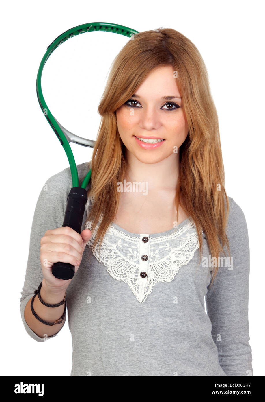 Girl with tennis racket isolated on a over white background Stock Photo ...