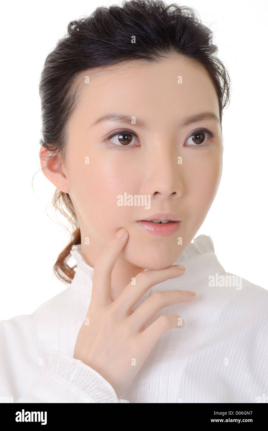 Thinking expression on Asian business woman's face, closeup portrait in ...
