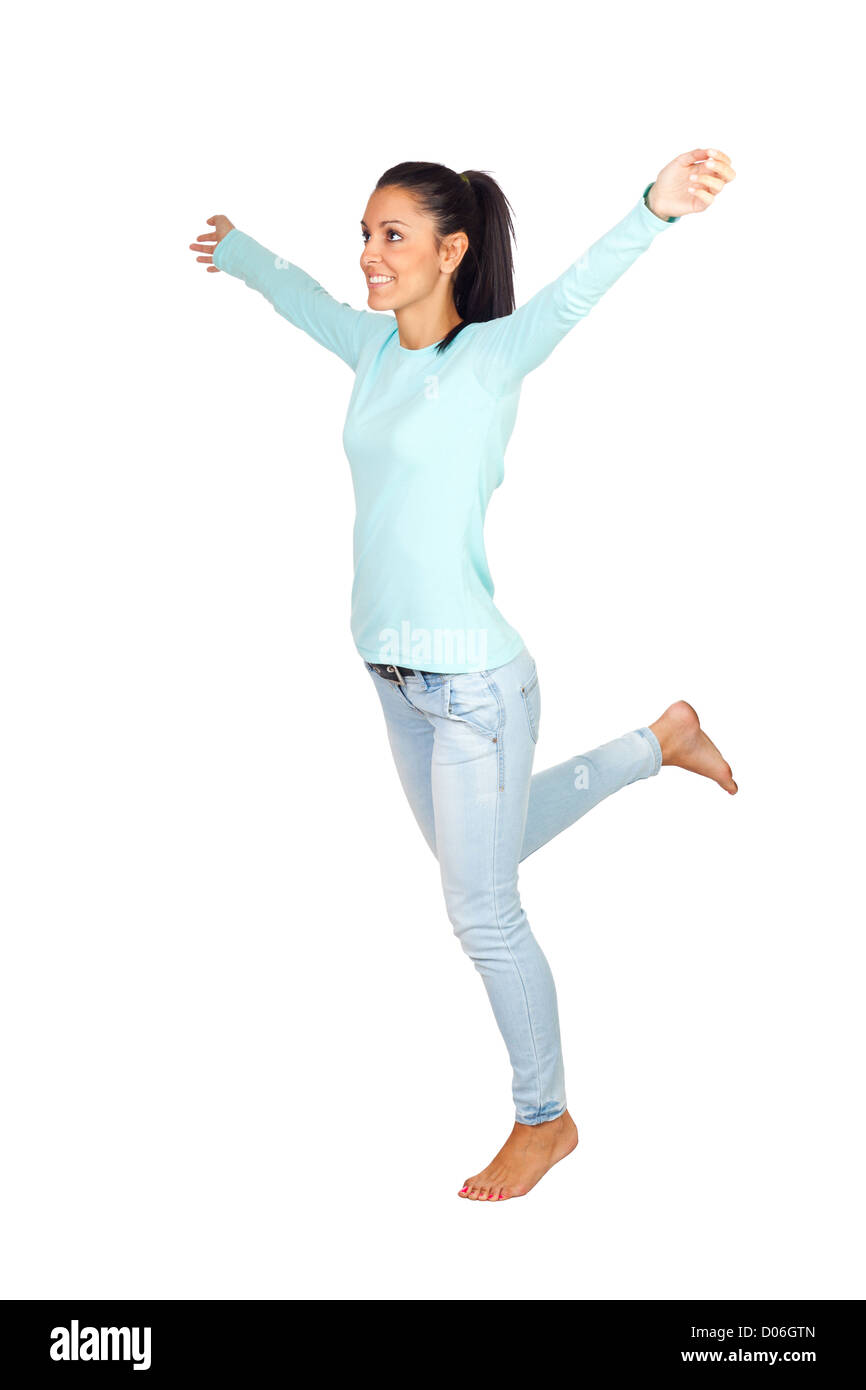 Casual Girl with Arms Wide Open Isolated on White Stock Photo - Alamy