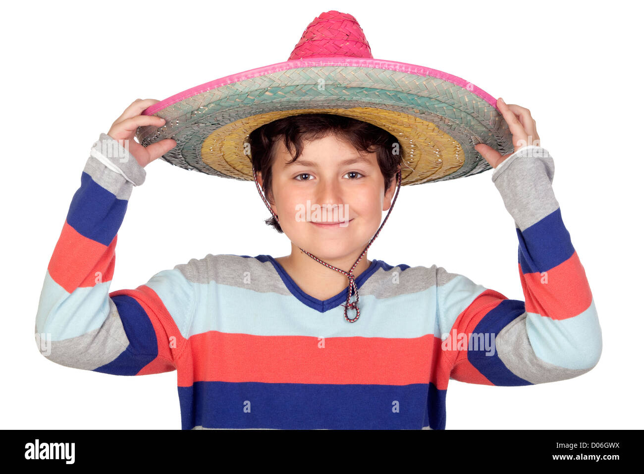 Adorable boy with a Mexican hat isolated on a over white background ...