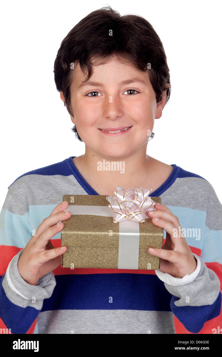 Adorable boy with a golden present isolated on a over white background ...