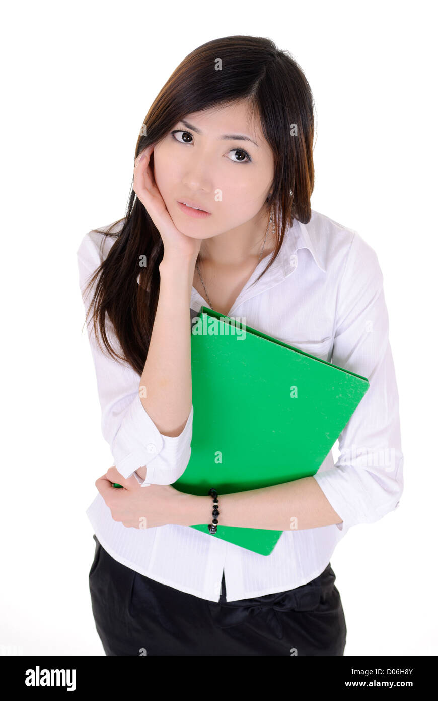 Young secretary woman of Asian thinking with confused expression on ...