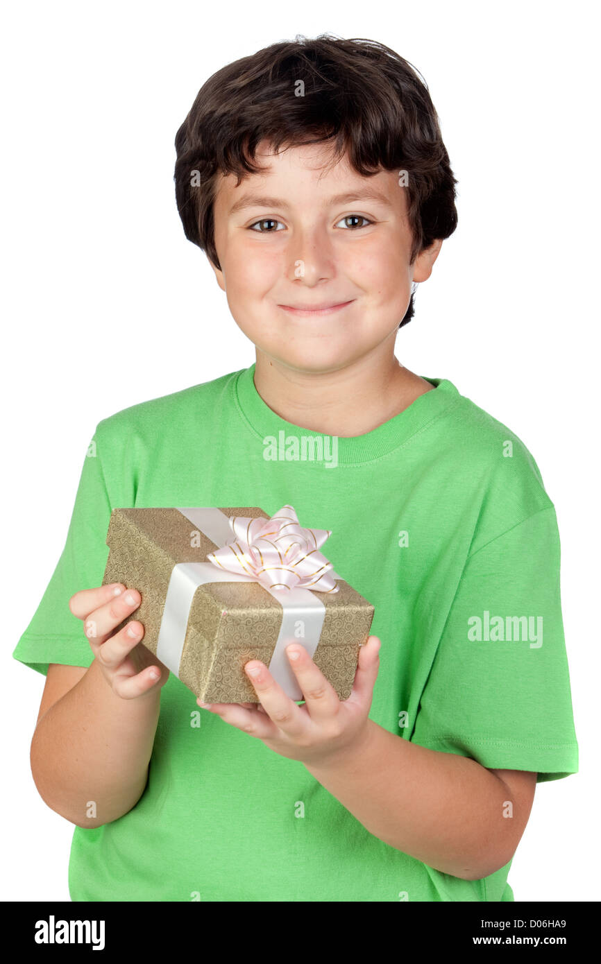 Adorable boy with a gift isolated on white background Stock Photo - Alamy