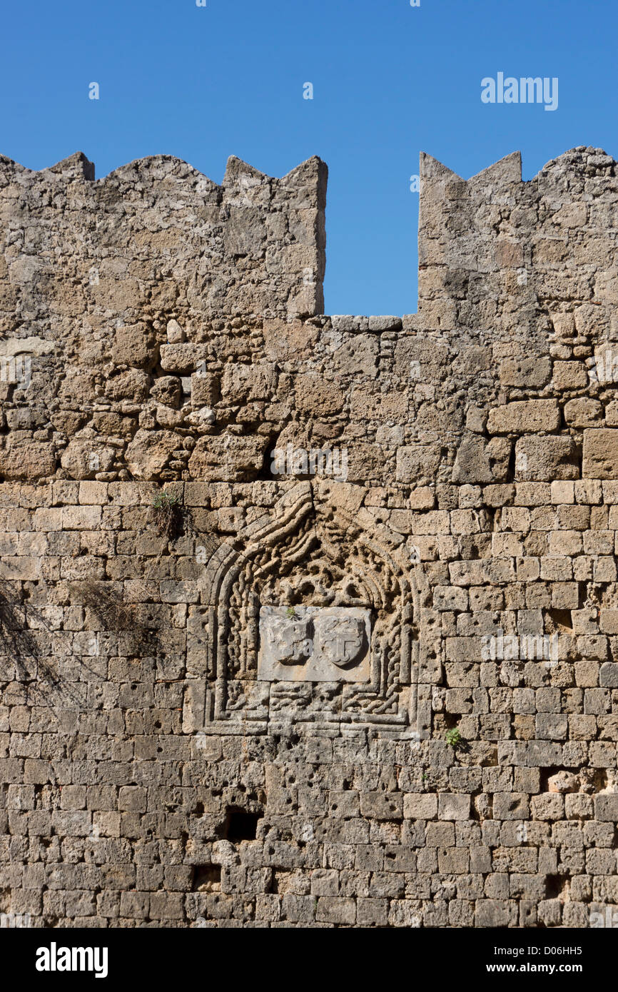 Rhodes old town, medieval, ancient wall with sheilds Stock Photo - Alamy
