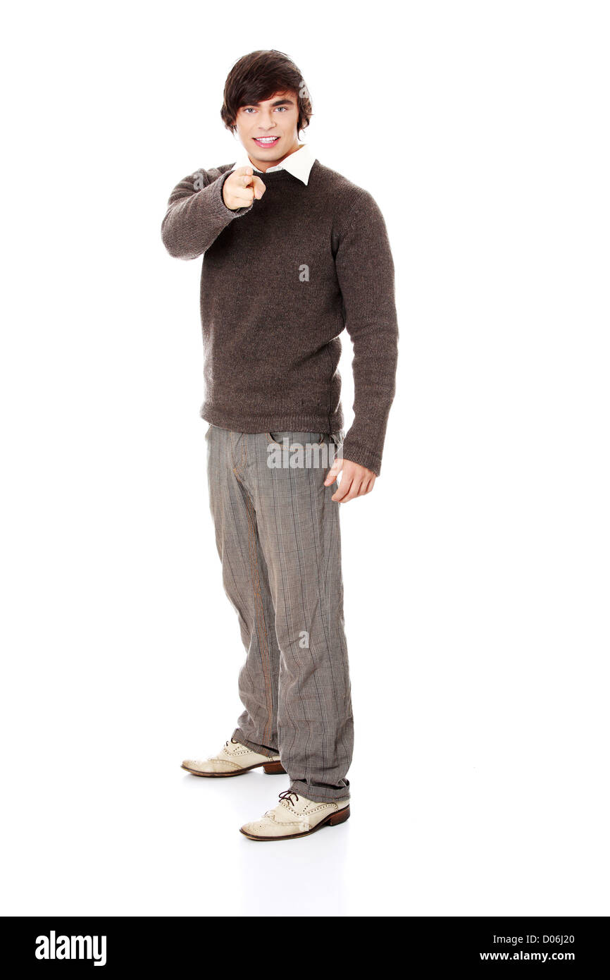 Full portrait of handsome happy young man pointing Stock Photo - Alamy
