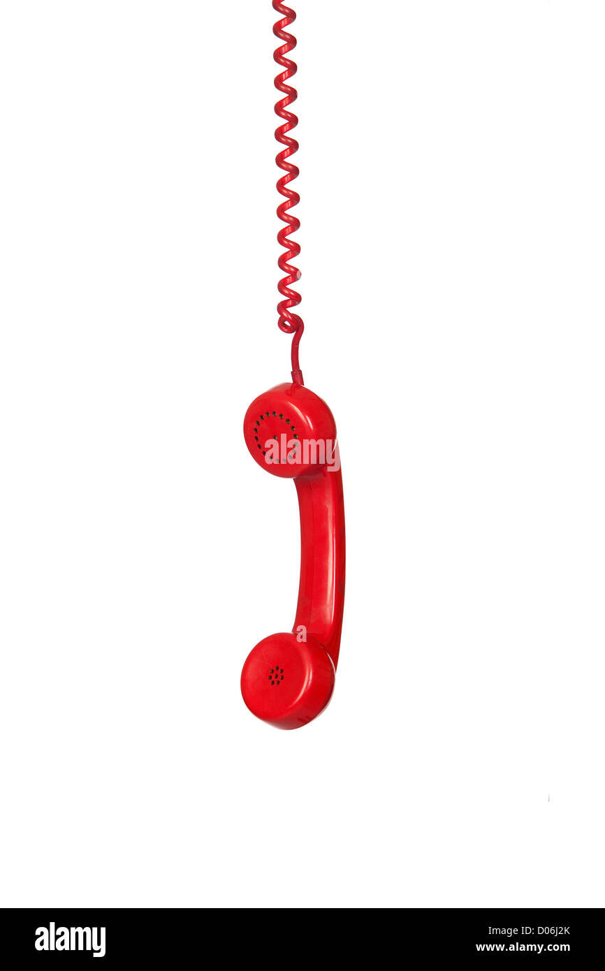 Red telephone cable hanging isolated on white background Stock Photo ...