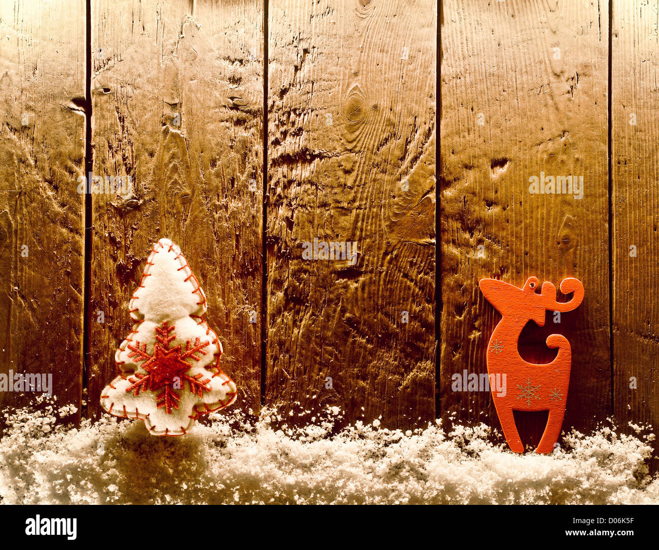 christmas decoration with snow tree and deer Stock Photo - Alamy