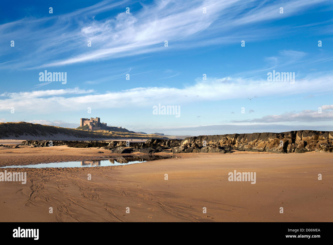 Walk on beach beneath Bamborough Castle. Northumberland Stock Photo - Alamy