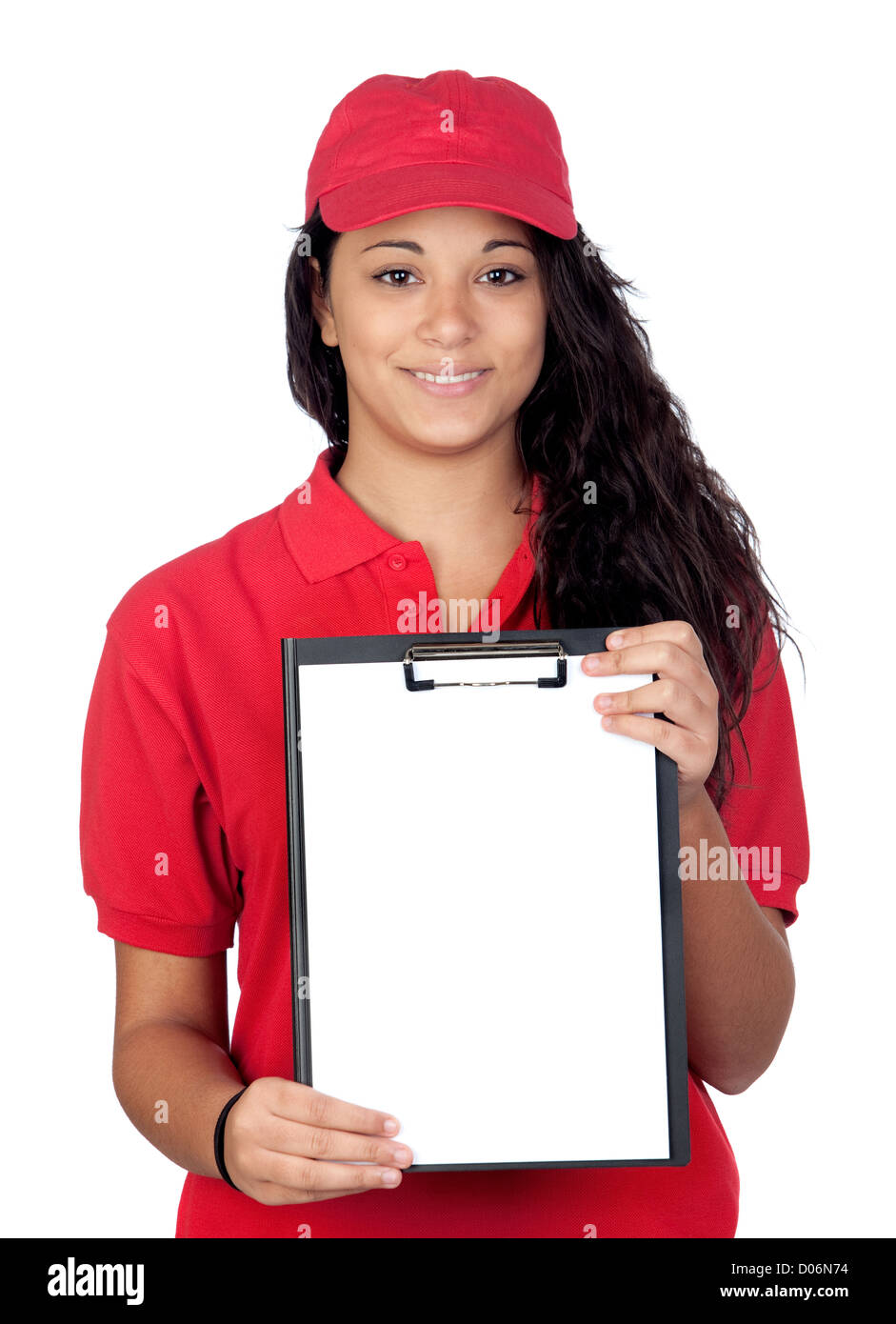Young worker with red uniform isolated on white background Stock Photo ...