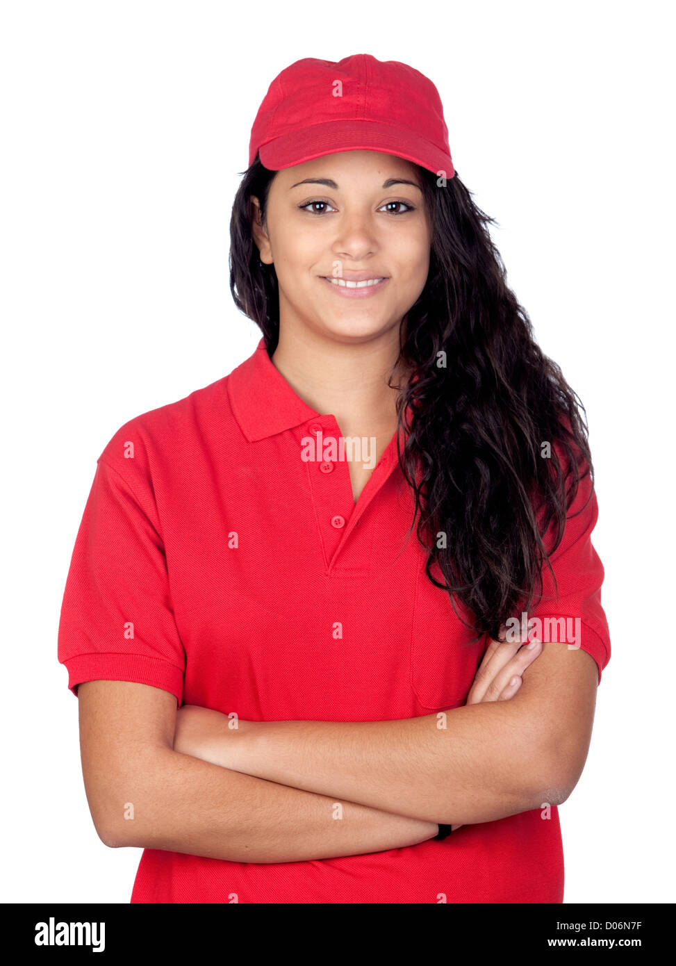 Young worker with red uniform isolated on white background Stock Photo ...