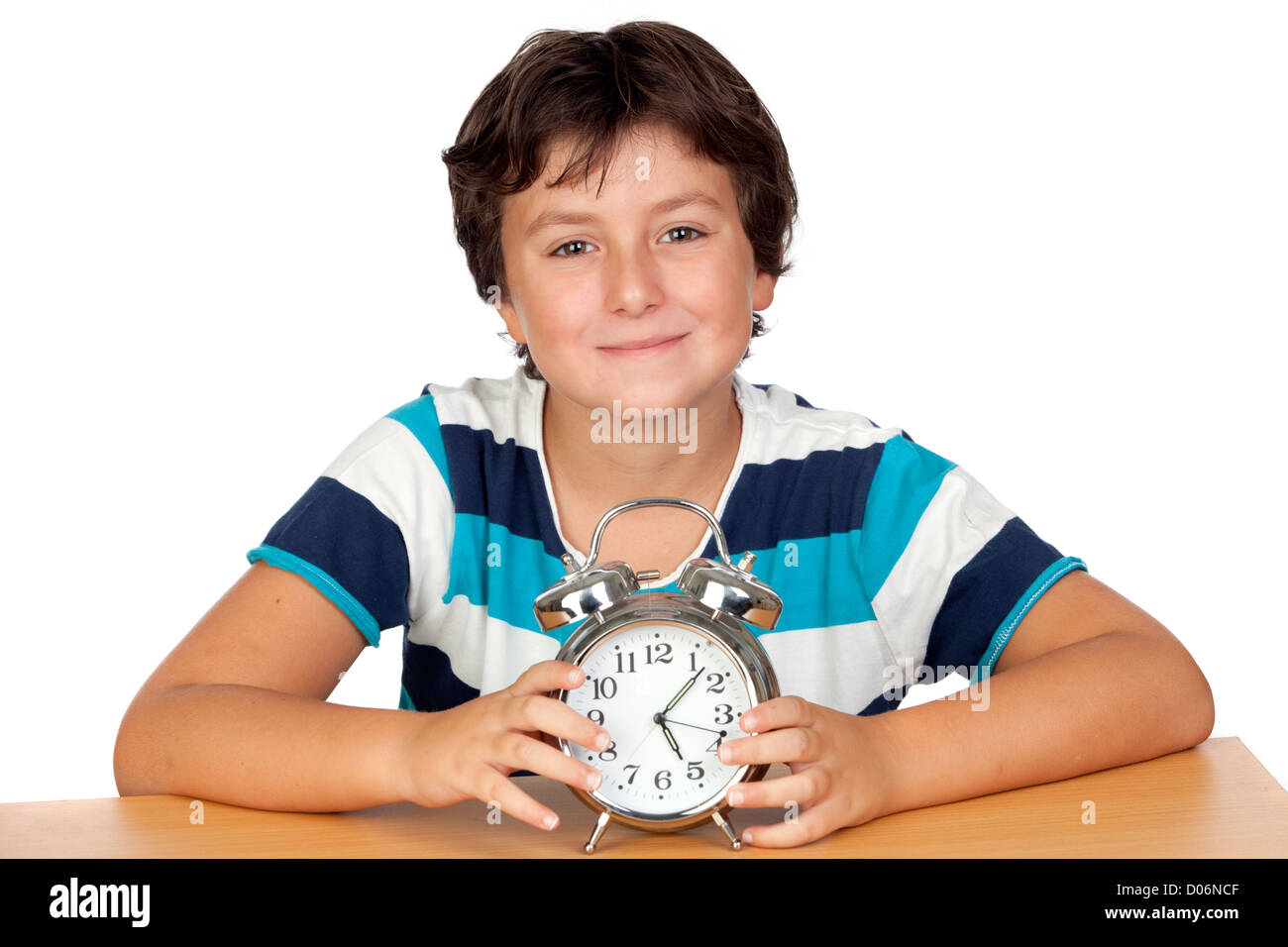 Adorable boy with a alarm-clock isolated on white background Stock ...